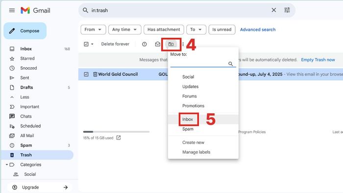 Vị trí thùng rác trong Gmail và cách khôi phục email đã xóa