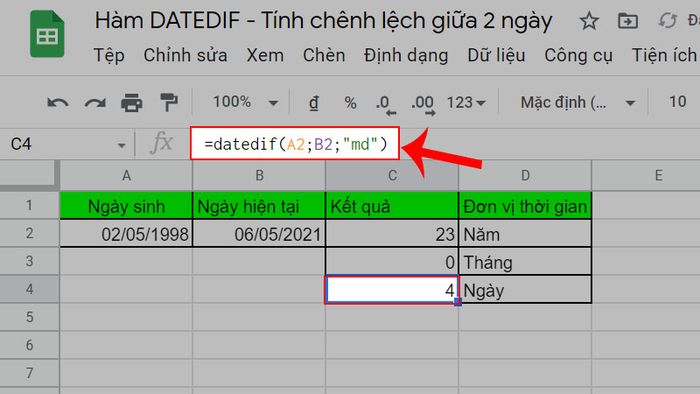 Hướng dẫn sử dụng hàm DATEDIF để tính khoảng cách giữa 2 ngày trên Google Sheet - Mytour