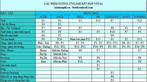 Cách kích hoạt / vô hiệu hóa phím chức năng FN + F1, F2, F3, ... F12 ...