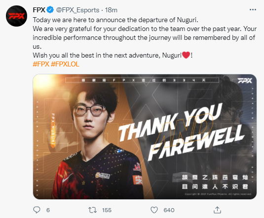 Nuguri nói lời tạm biệt với FPX sau một mùa giải đầy bi thương