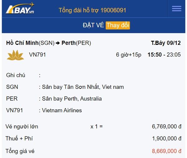 Thông tin về giá vé bay Tp Hồ Chí Minh – Perth (Úc) tháng 12